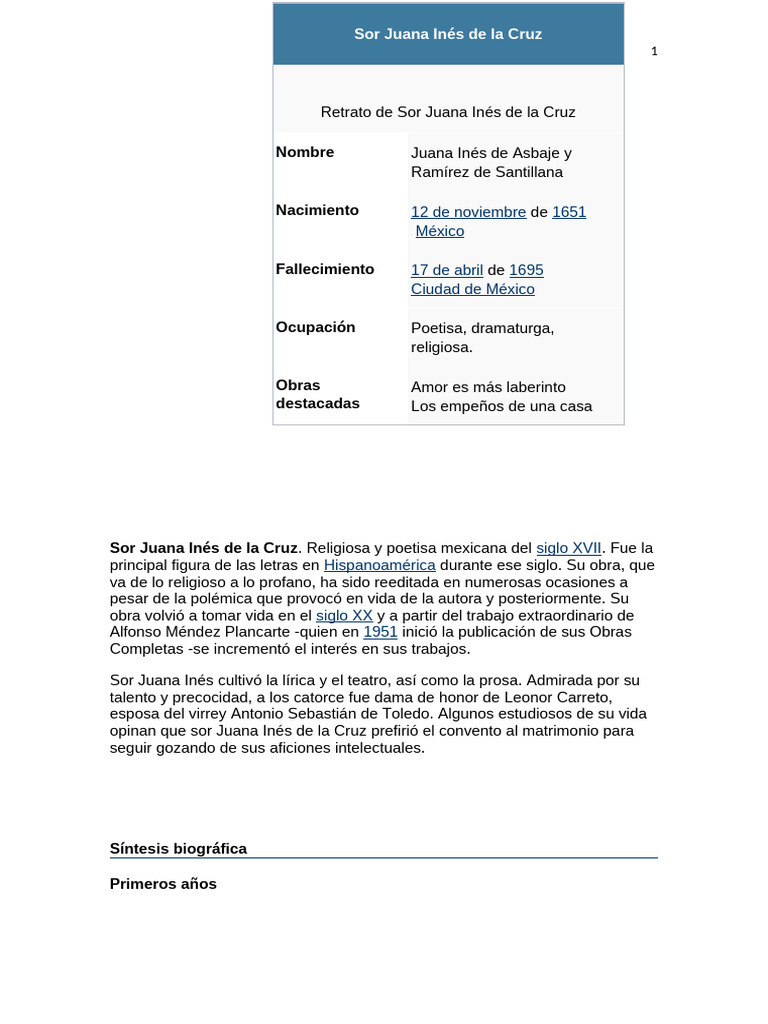 Sor Juana Inés de La Cruz (ECURED) | PDF