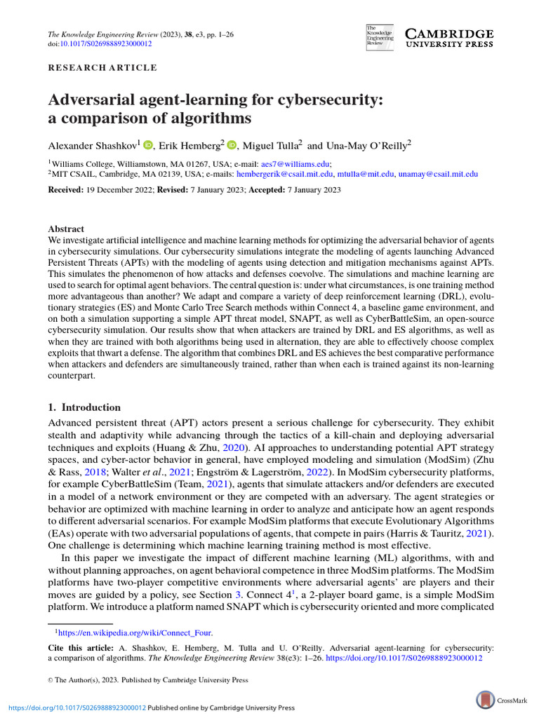 Adversarial Agent Learning For Cybersecurity A Comparison of Algorithms ...