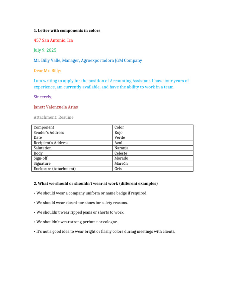 Fatima Letter and Work Attire | PDF