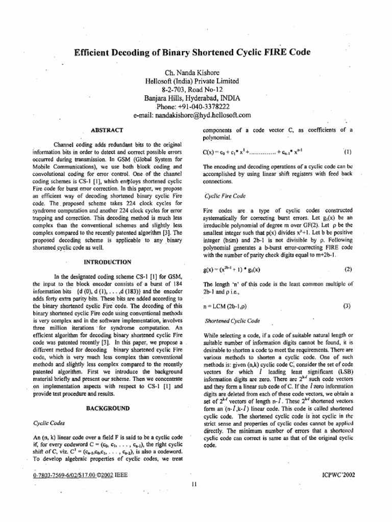 Efficient Decoding of Binary Shortened Cyclic Fire Code | PDF | Code | Theoretical Computer Science
