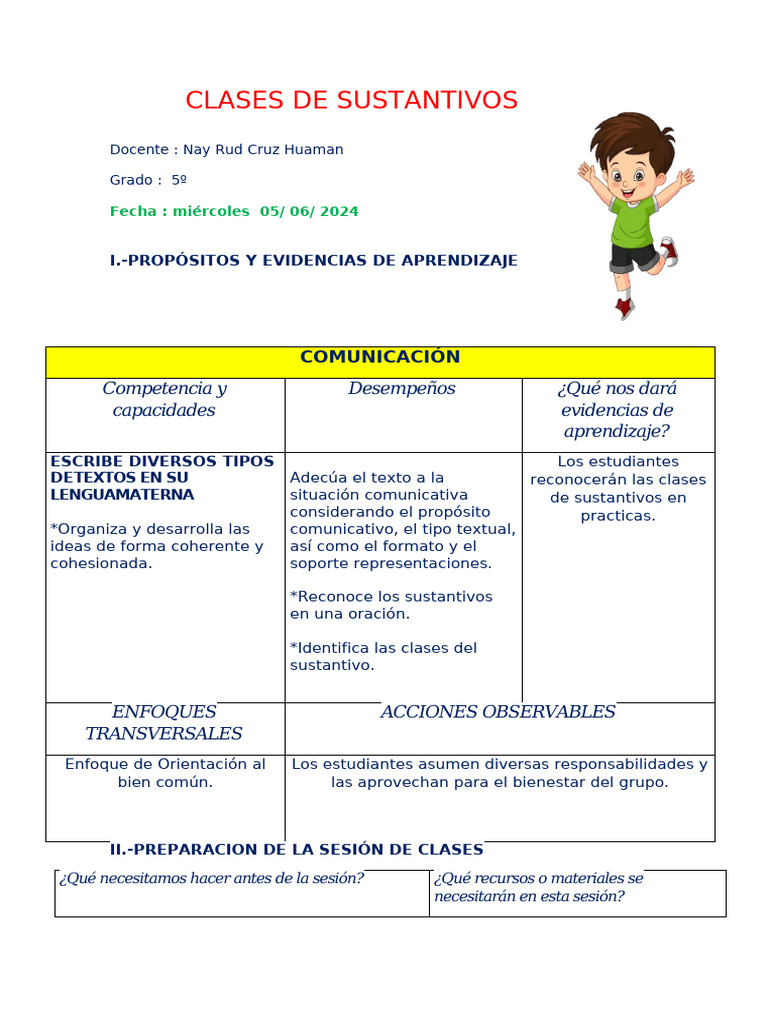 Clases de Sustantivos Sesion para 5 de Primaria I.E Maria Jesus Villava ...