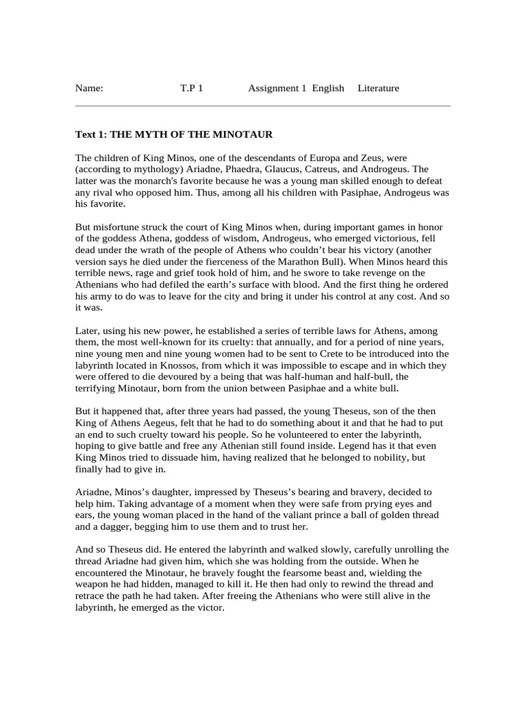 Theseus and the Minotaur Myth | PDF | Minotaur | Theseus