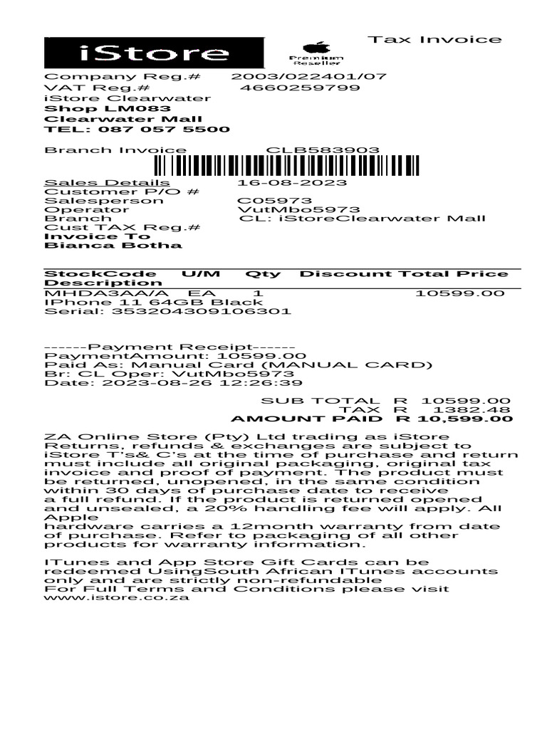 iStore Clearwater Tax Invoice 2023 | PDF