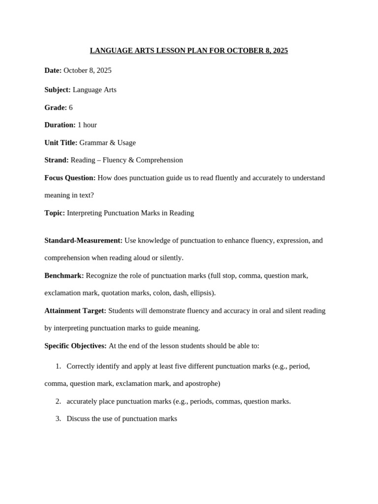 Language Arts Lesson Plans Week 3, 2025 Day 3 | PDF | Punctuation ...