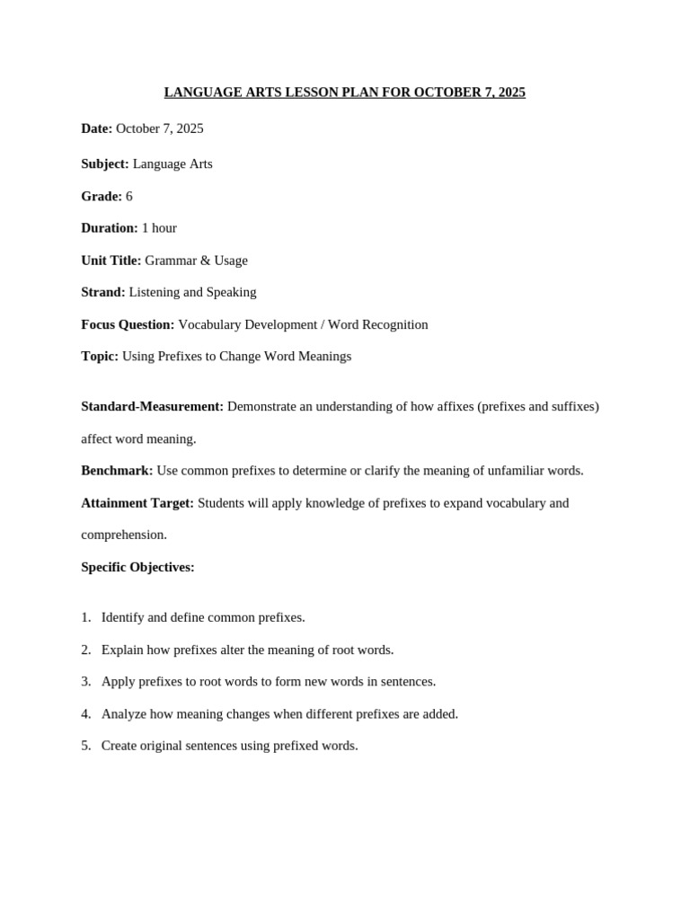 Language Arts Lesson Plans Week 3, 2025 Day 2 | PDF | Reading ...