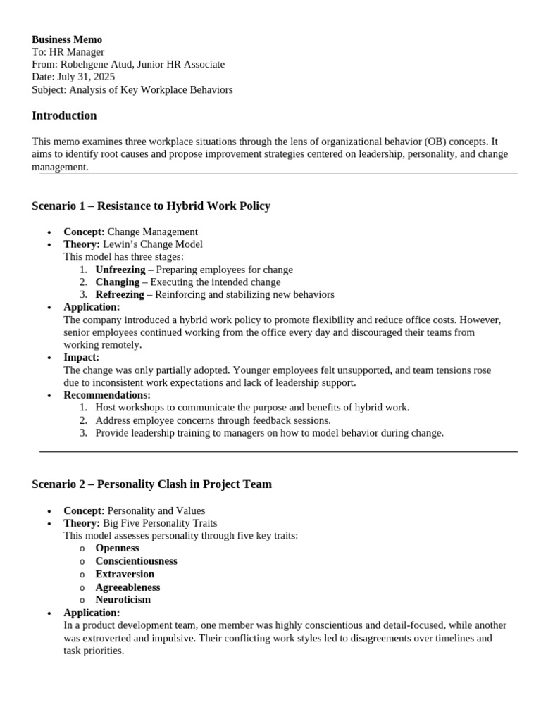 Midterm Exam - Business Memo Sample | PDF | Leadership | Change Management