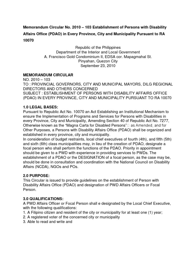 Memorandum Circular No. 2010 - 103 | PDF | Local Government | Welfare
