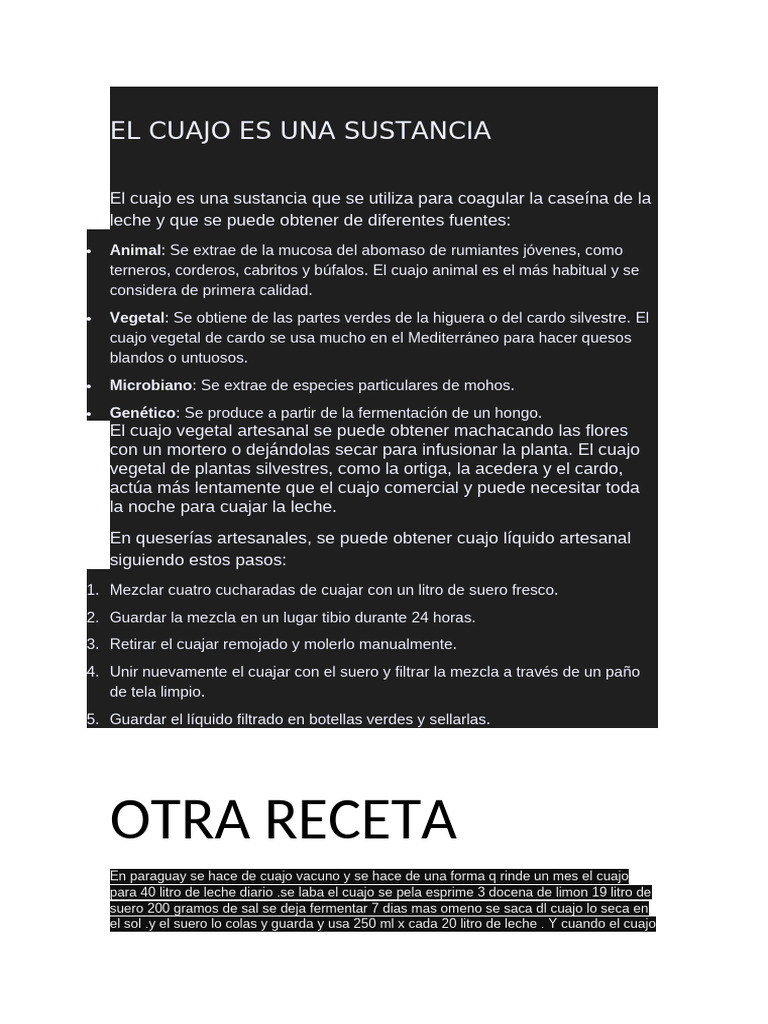 Tipos y usos del cuajo en quesería | PDF