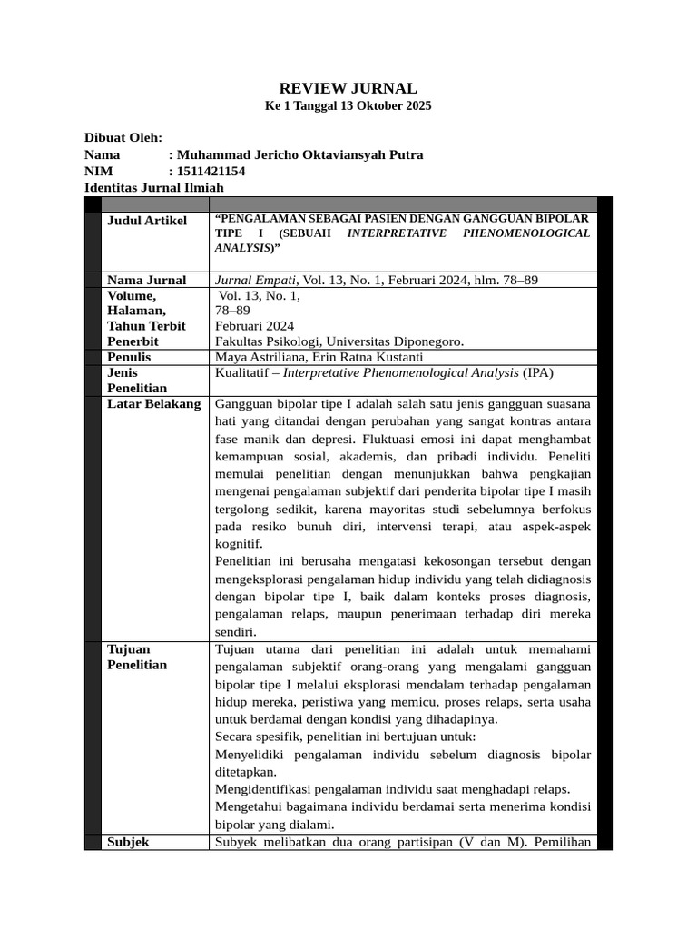 Review Jurnalbipolar Type 1 | PDF