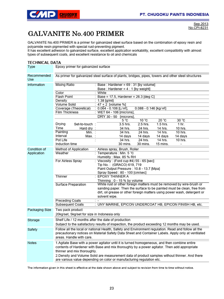 Galvanite No.400 Epoxy Primer Data | PDF | Paint | Epoxy
