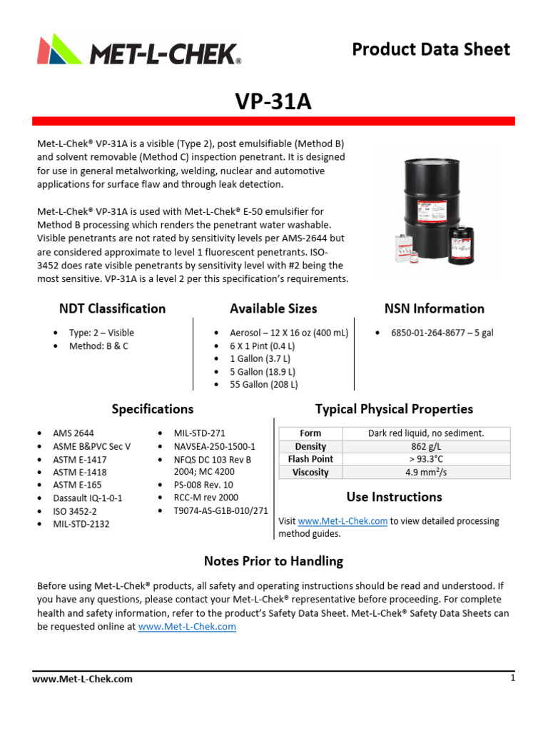 Met-L-Chek VP-31A Penetrant Data Sheet | PDF | Implied Warranty