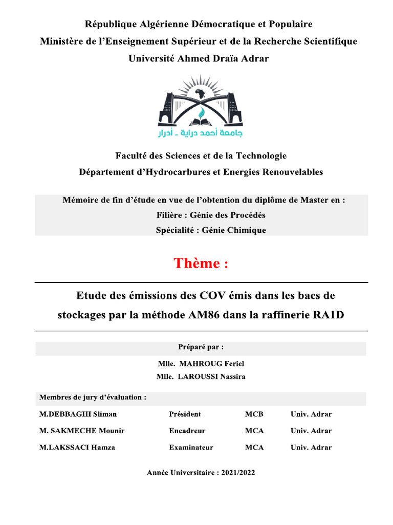 Etude Des Émissions Des COV Émis Dans Les Bacs de Stockages Par La ...