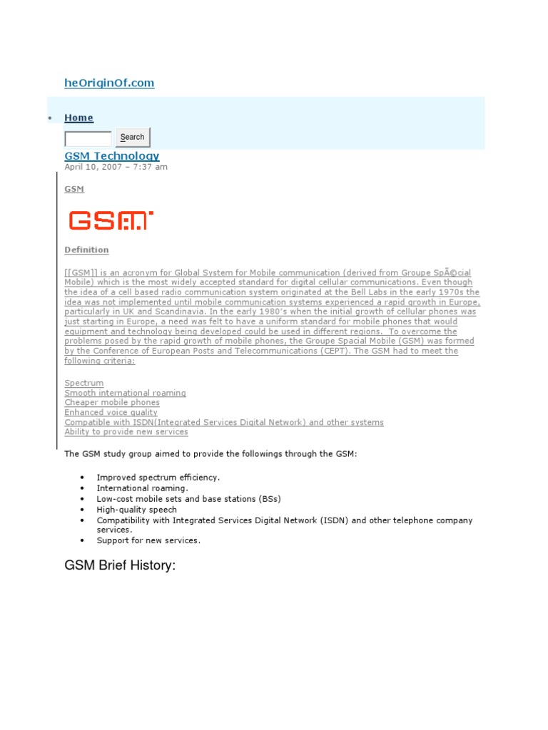 GSM Brief History:: April 10, 2007 - 7:37 Am | Download Free PDF ...