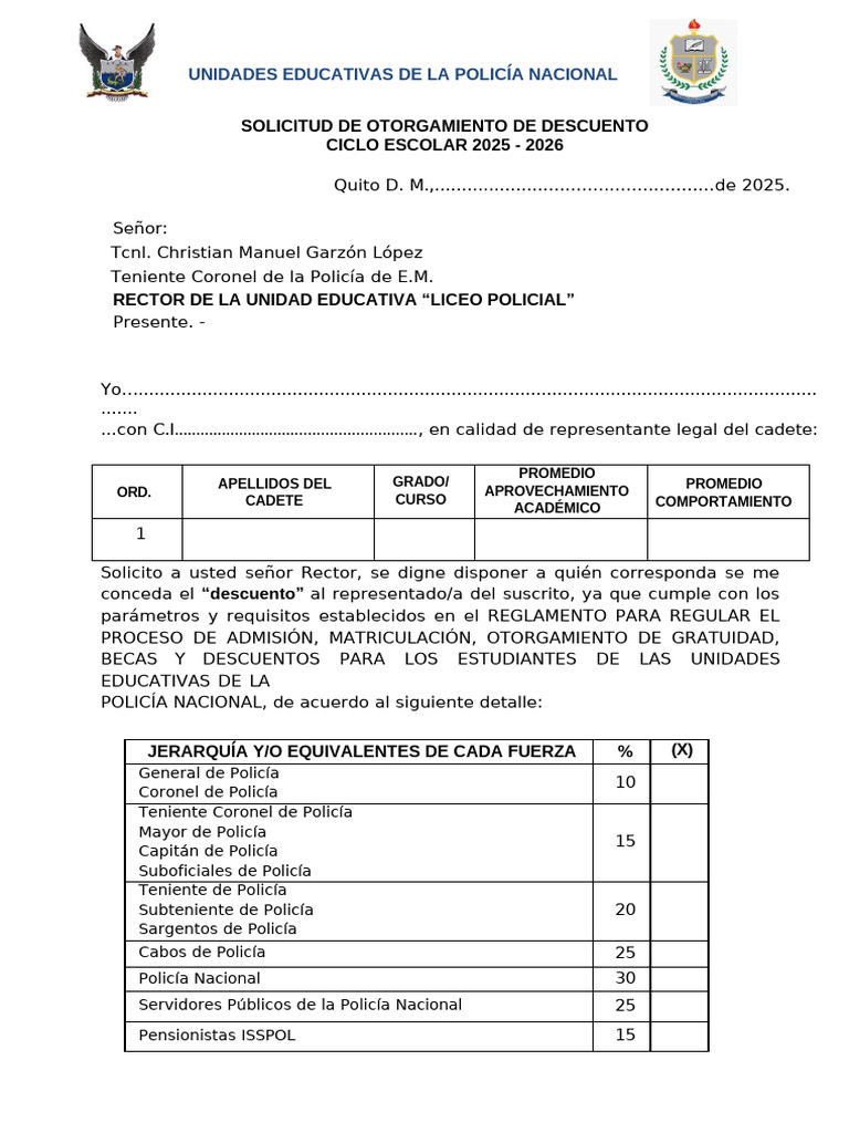 Solicitud de Descuento Educativo 2025-2026 | PDF | Teniente | Policía