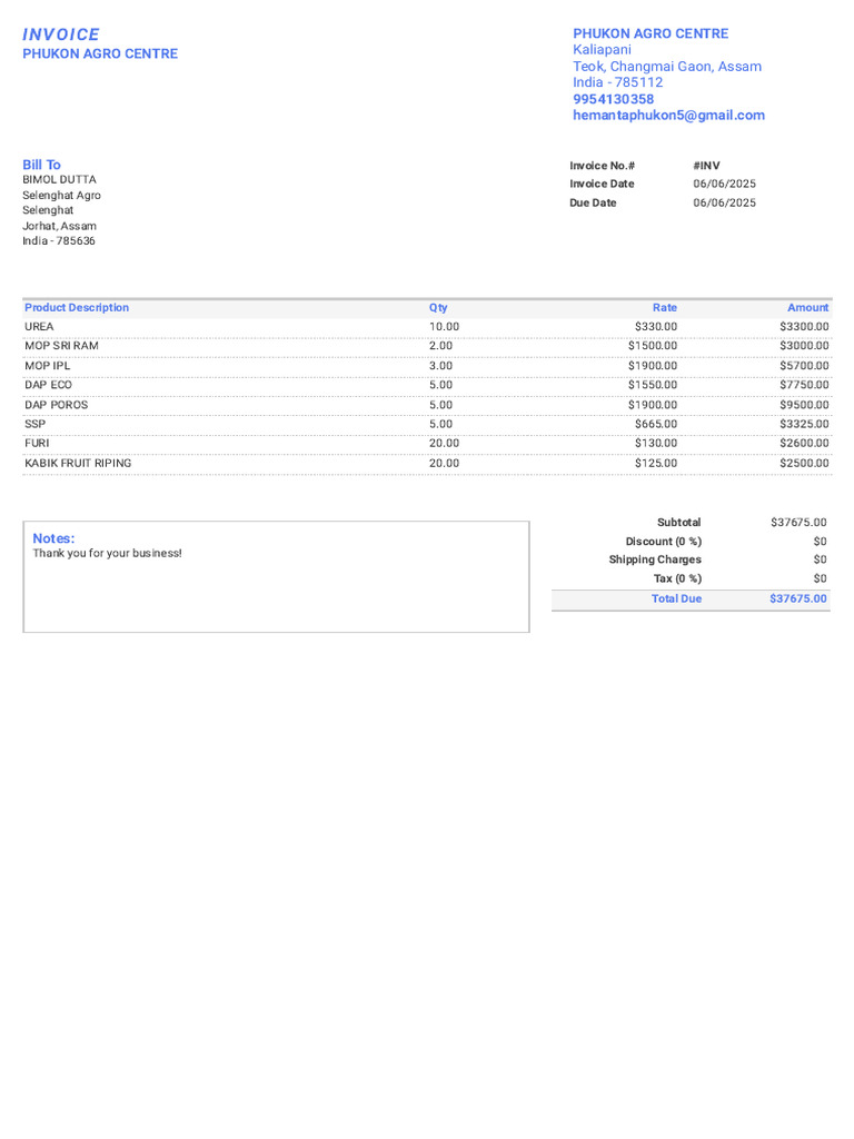 Invoice for Phukon Agro Centre | PDF