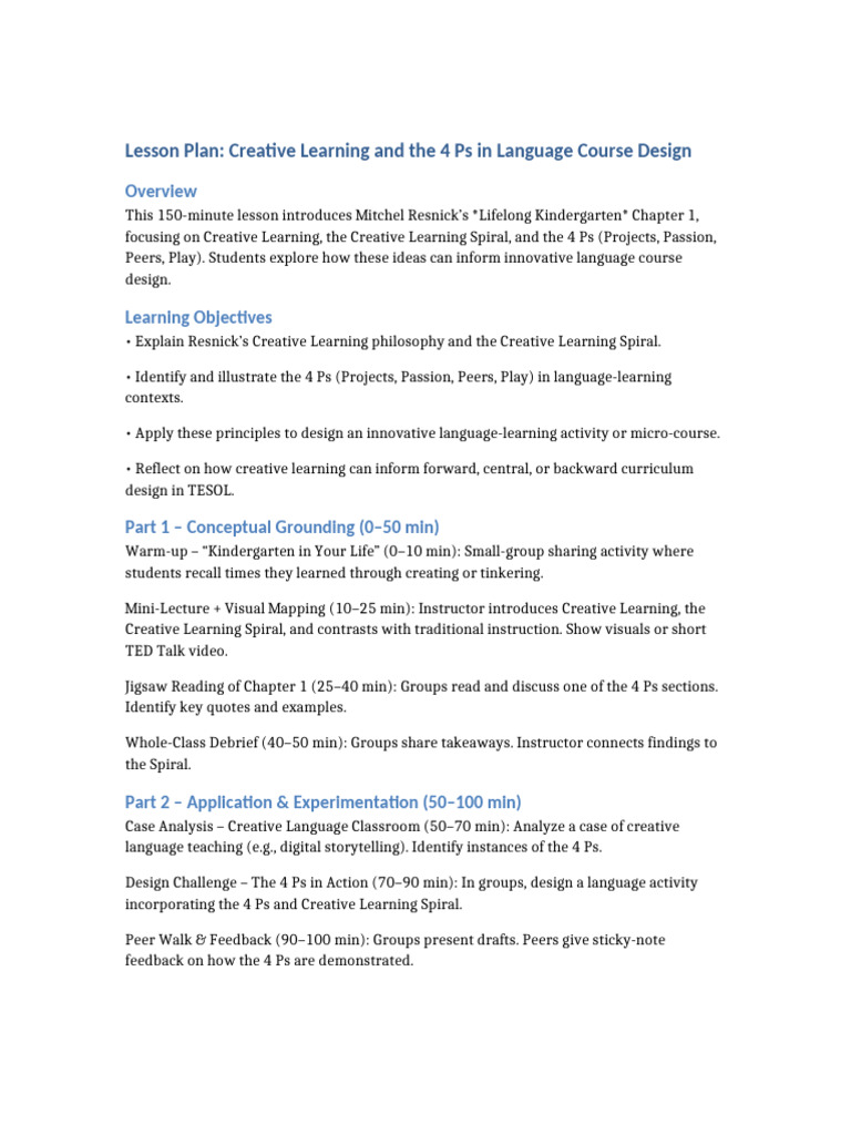 Lesson Plan Creative Learning and 4Ps | PDF | Lesson Plan | Intelligence
