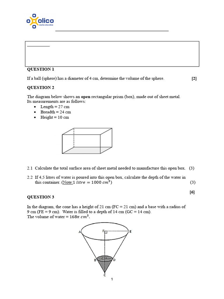 GR 11 Measurement Checkpoint - 2024 | PDF | Volume | Area