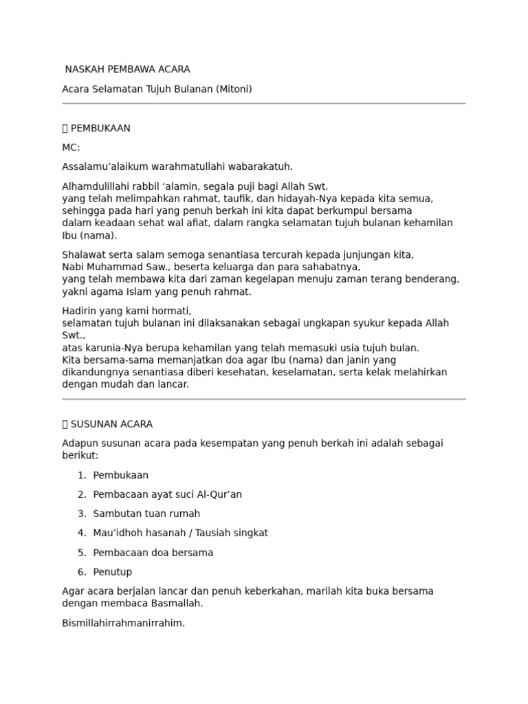 Naskah MC Selamatan Tujuh Bulanan | PDF
