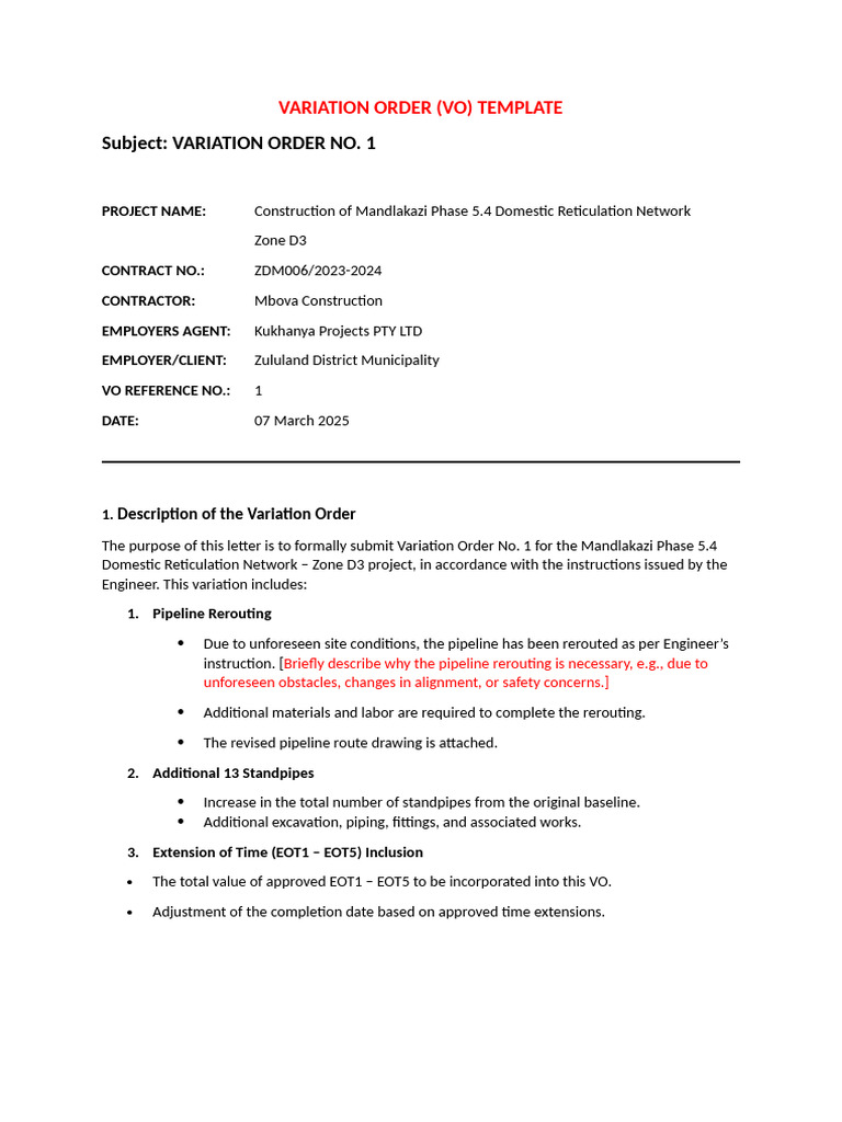 Variation Order (Vo) Template | PDF