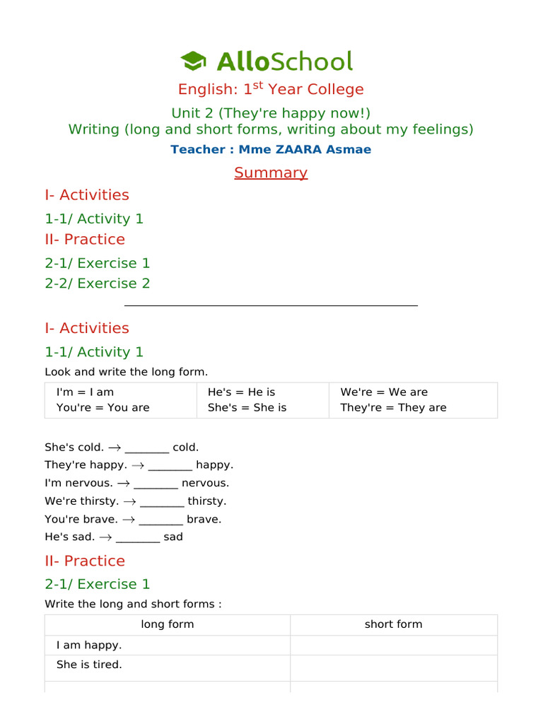 Unit 2 Writing Long and Short Forms Writing About My Feelings 2 | PDF