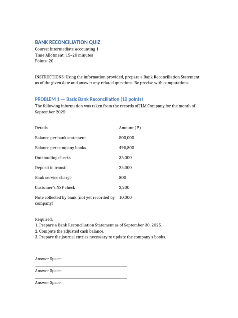 Bank Reconciliation Quiz for Accounting | PDF | Banks | Debits And Credits