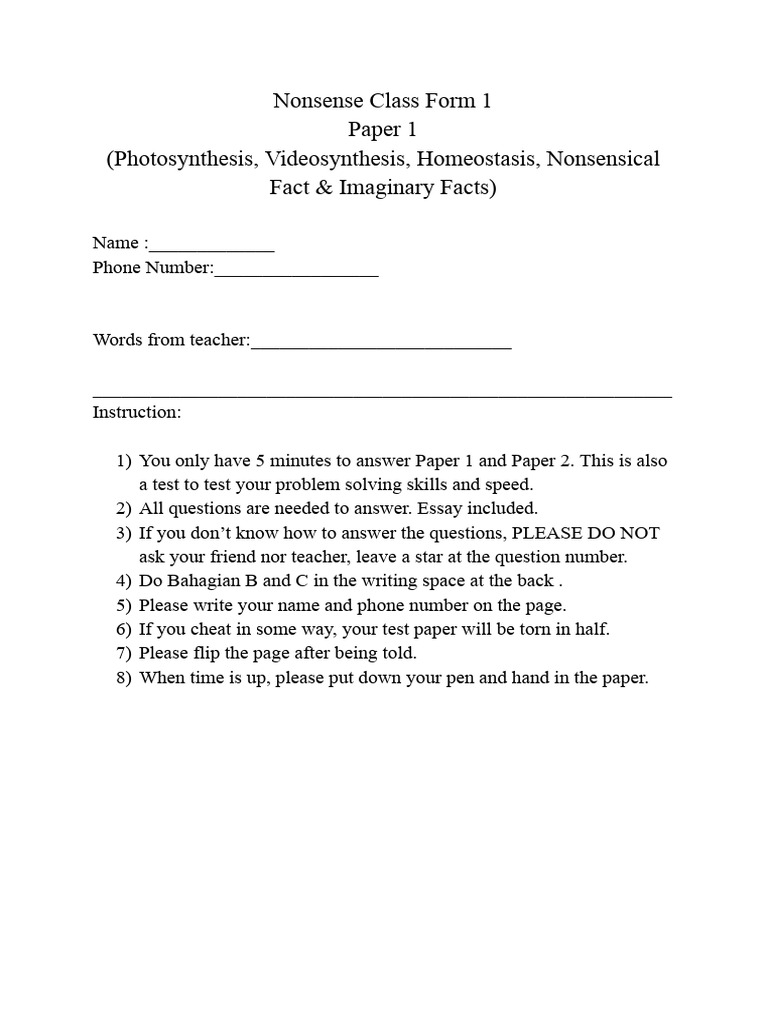 Nonsense Class Form 1 Formal Test | PDF | Learning | Cognitive Science