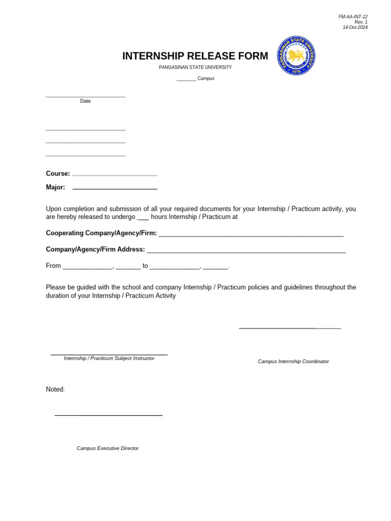 12 Internship Release Form - 2024 | PDF