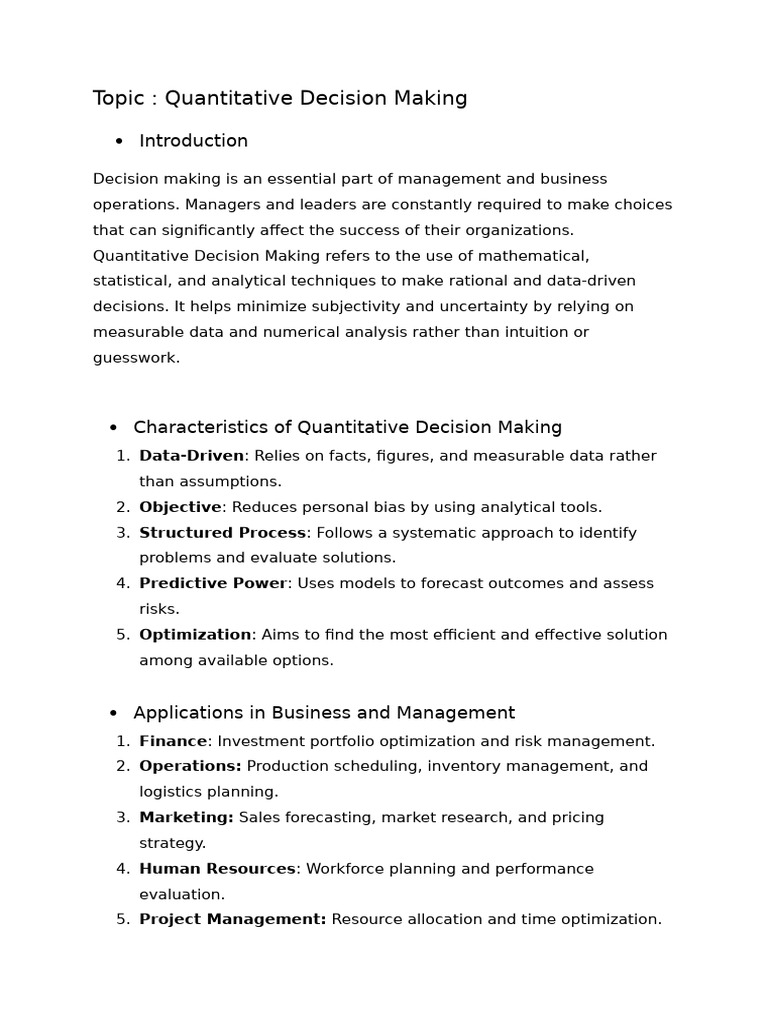 Quantitative Decision Making | PDF