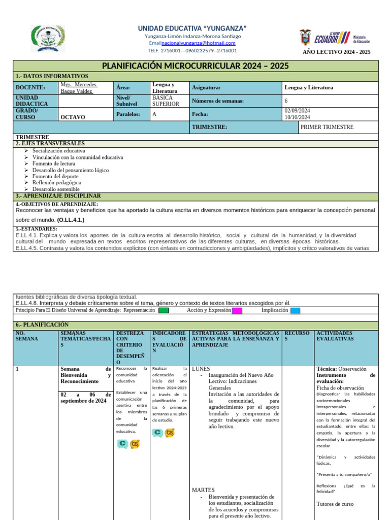Planificación 8vo Lengua | PDF | Aprendizaje | Escritura
