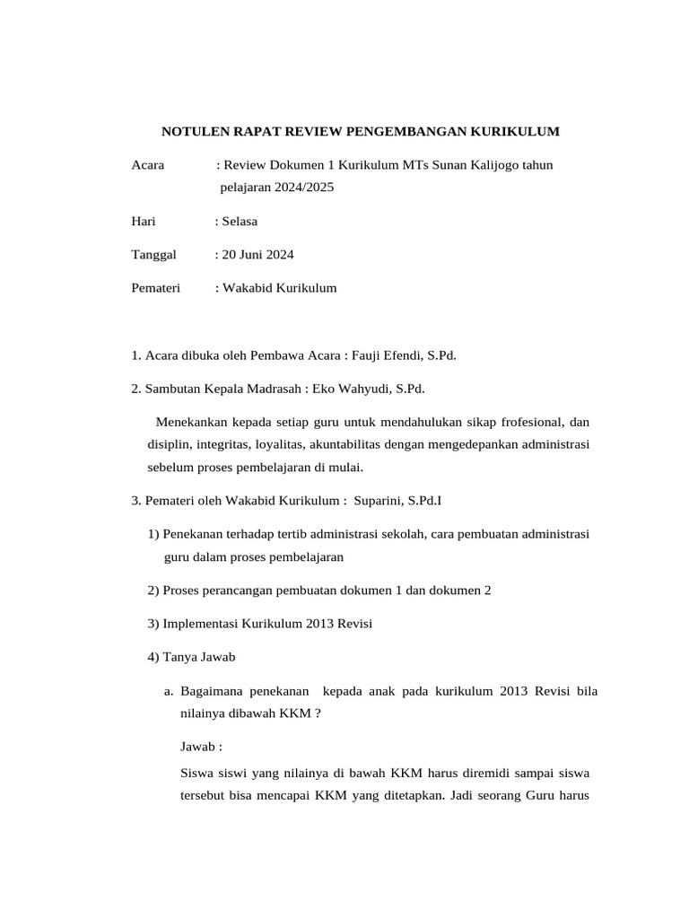 Notulen Rapat Penyusunan KTSP 2023 | PDF