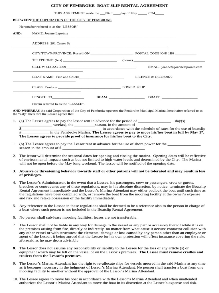 Pembroke Boat Slip Rental Agreement | PDF | Lease | Common Law