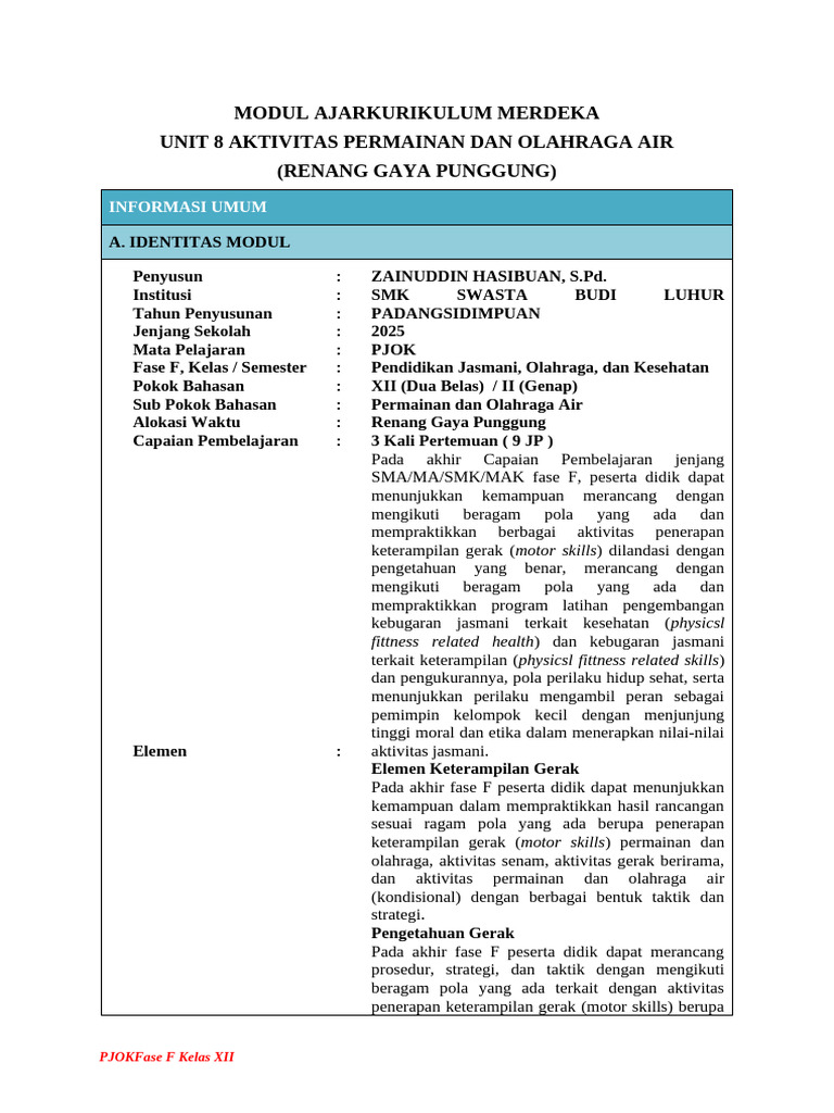 Modul Renang Gaya Punggung PJOK XII | PDF