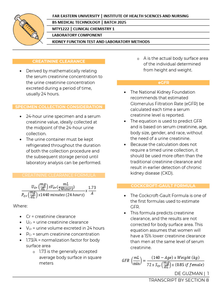 Cc1 Lab Finals Kidney Function | PDF | Creatinine | Urinary System