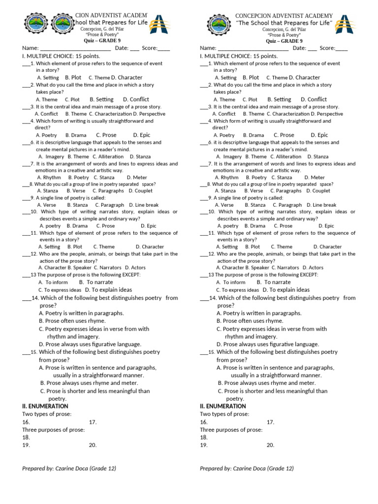 English9 Prose&Poetry Quiz Q2 PreparedbyCzarineDoca | PDF | Poetry | Prose
