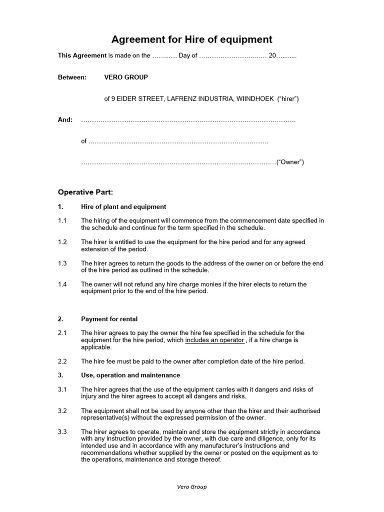 Plant Hire Agreement with Vero Group | PDF | Indemnity | Business Law