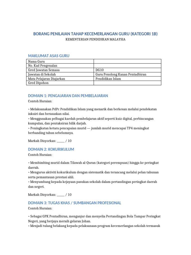 Borang Penilaian Tahap Kecemerlangan Guru Kategori 1B Contoh Pengisian | PDF
