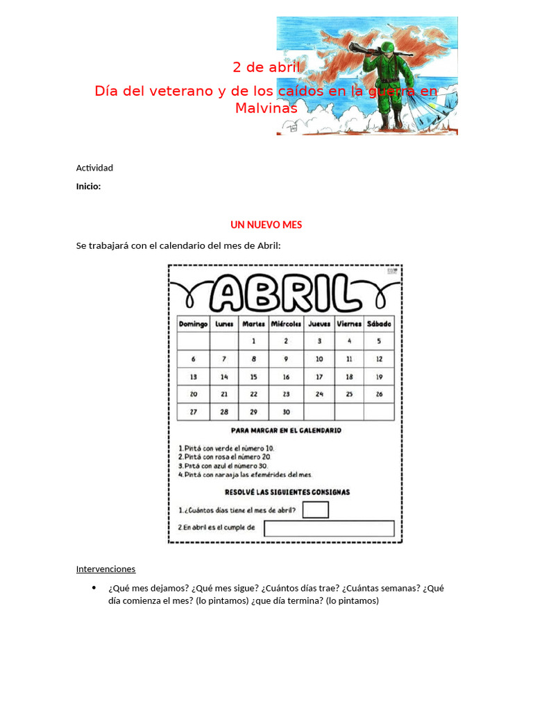 Actividades del Día del Veterano en Abril | PDF