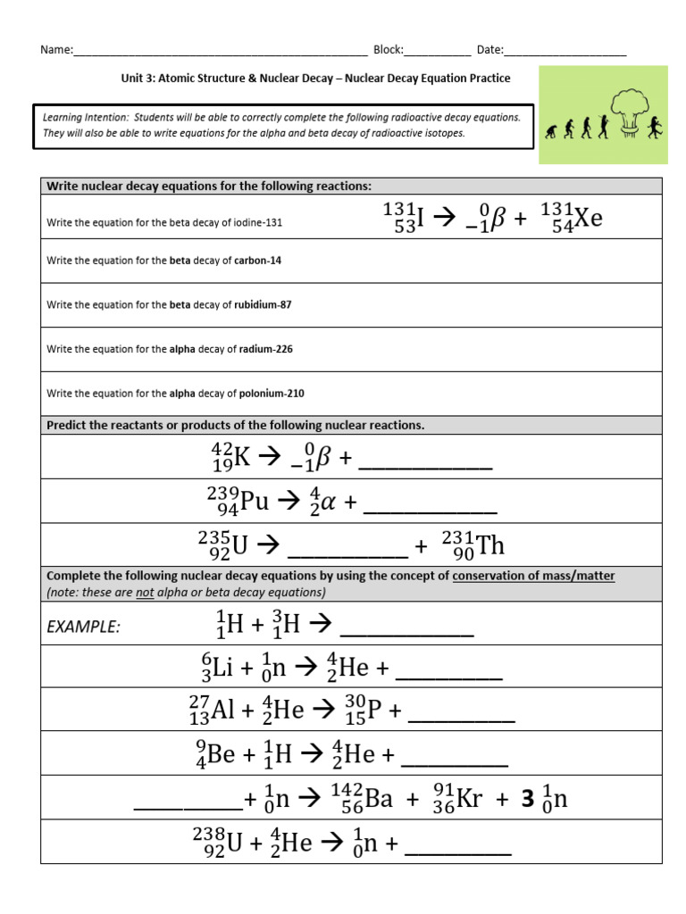 Nuclear Decay Equations Practice | PDF | Radioactive Decay | Nuclear ...