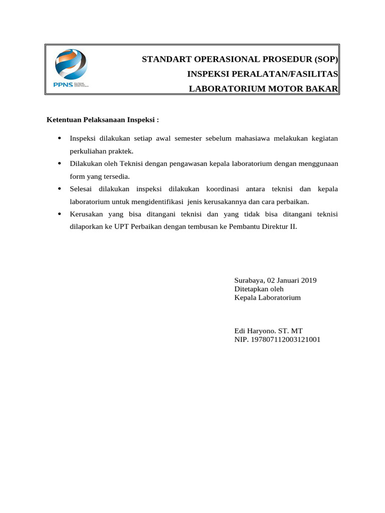 SOP Inspeksi Laboratorium Motor Bakar | PDF
