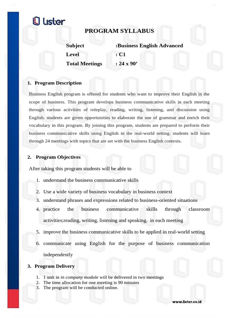Syllabus Business Eng 24meetings Native | PDF | English Language ...