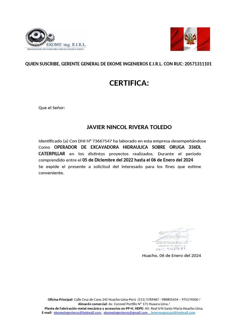 Certificado Chamorro Dionicio Op - Excav - Ekome | PDF