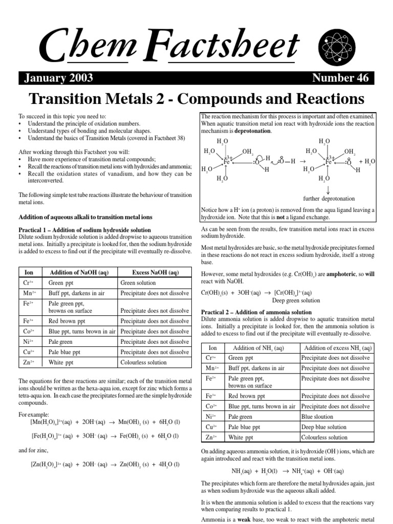 Transition Metals: Reactions & Compounds | PDF | Science & Mathematics