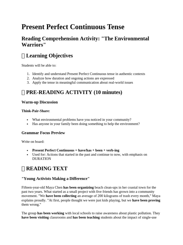 Present Perfect Continuous Tense Activity | PDF | Reading Comprehension ...