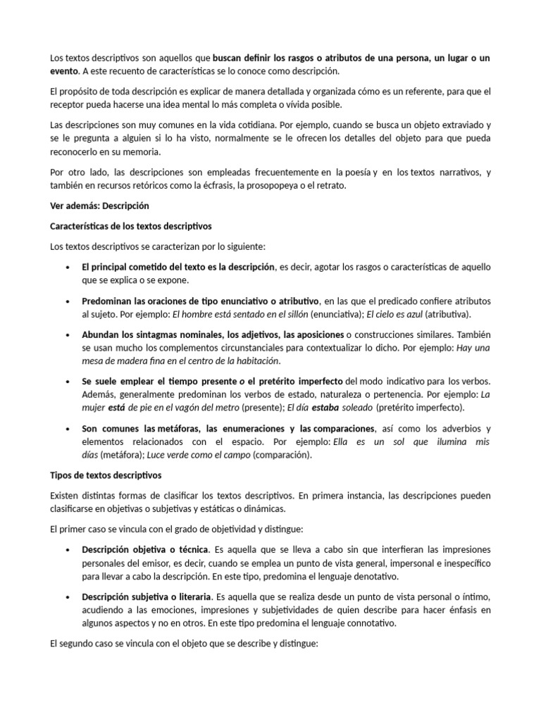 Textos Descriptivos | PDF | Verbo | Predicado (Gramática)