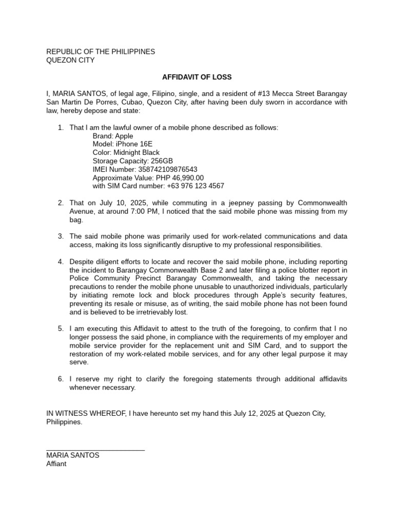 Affidavit of Loss for Cellphone | PDF | Affidavit | Mobile Phones