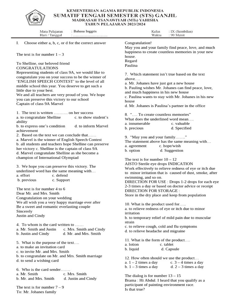 Kop Soal Pts Kelas 9 | PDF | Diseases And Disorders