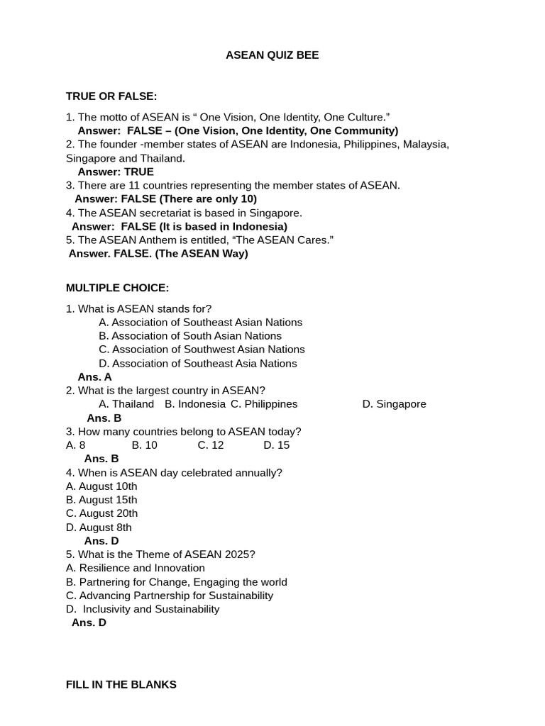 Asean Quiz Bee | PDF