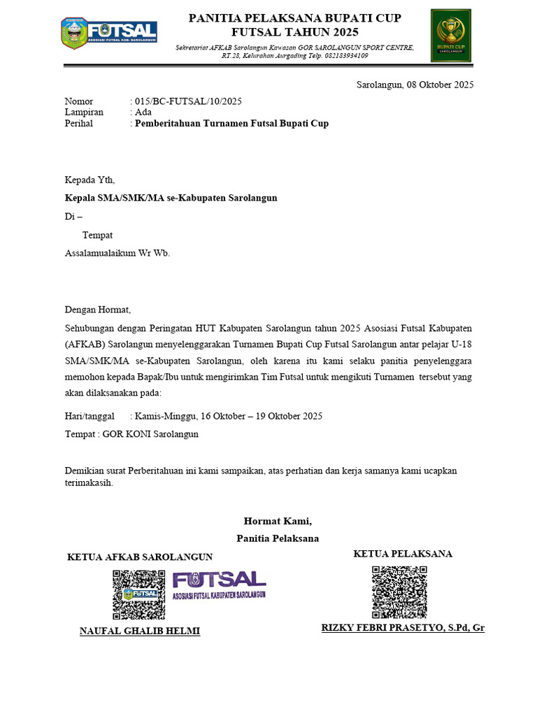 Undangan Sekolah Bupati Cup Futsal Sarolangun 2025 | PDF