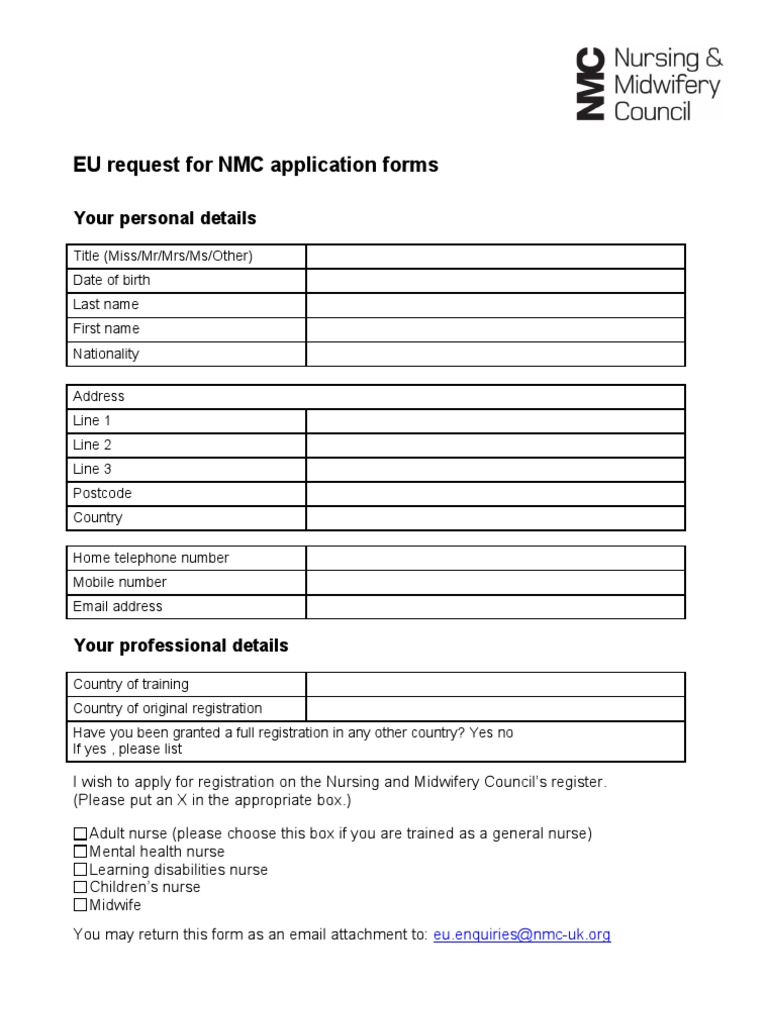 Formular Request For NMC Application Forms | PDF | Nursing | Health ...