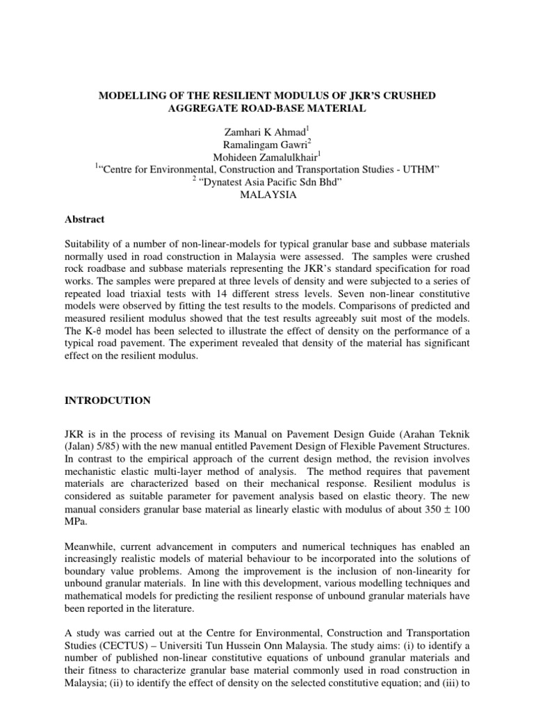 Modelling Resilient Modulus Of Jkrs Crushed Rock Base Material Pdf Deformation Engineering